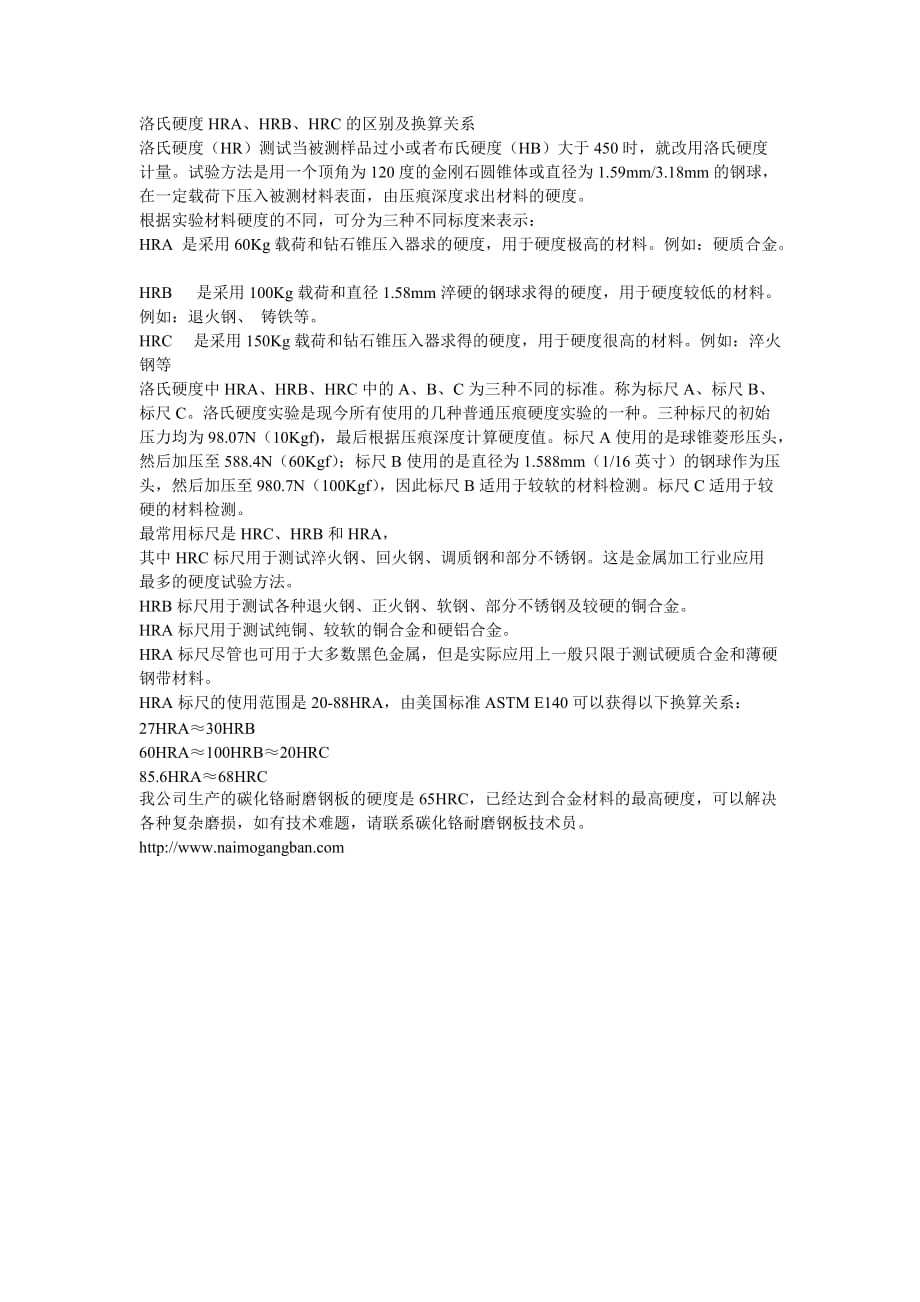 洛氏硬度HRA、HRB、HRC的区别及换算关系 - 360文库